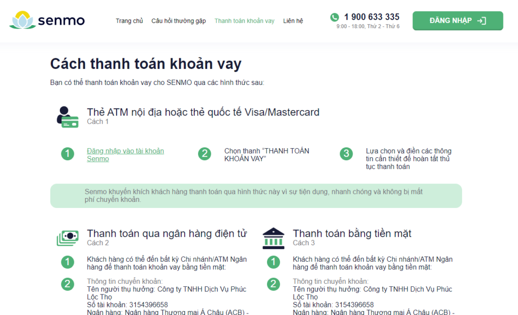 Hướng dẫn thanh toán tại SENMO - Vay Tiền Online Nhanh